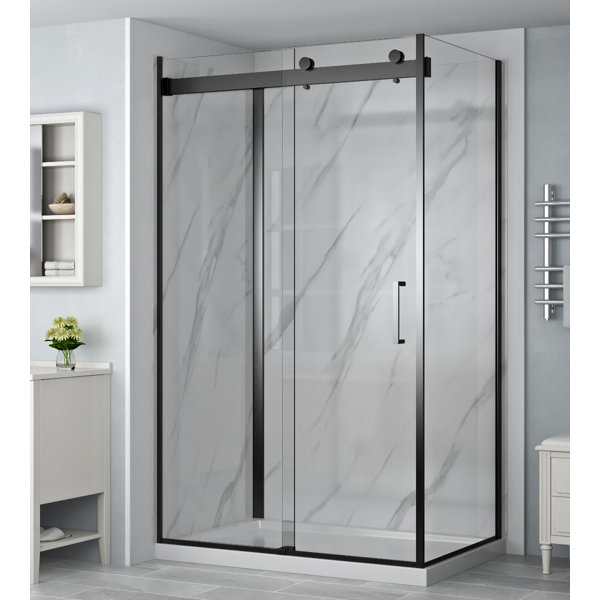 Dreamwerks Bristol 48" W x 32" D x 79.2" H Framed Rectangular Reversible Shower Kit in Black ...